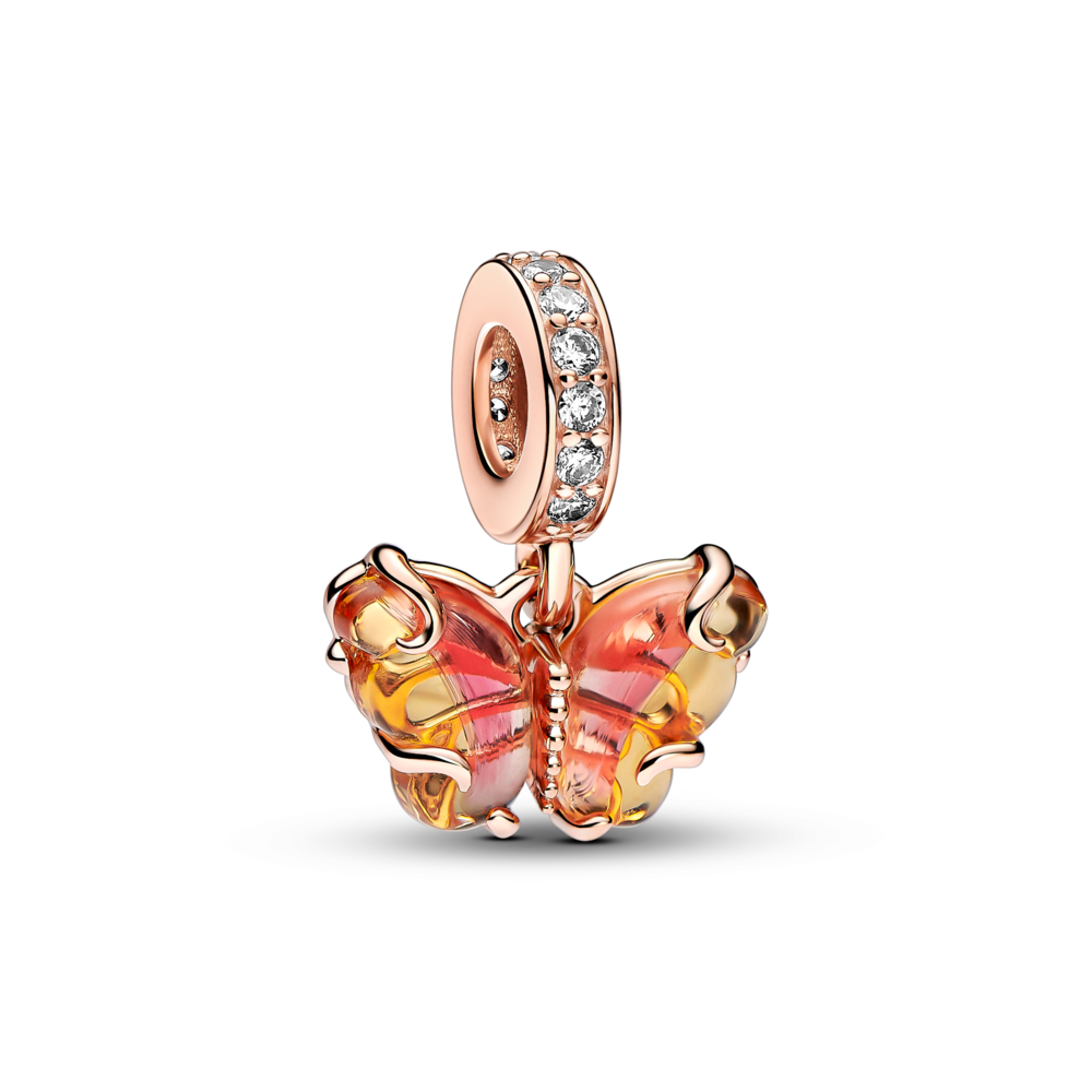 Pandora Butterfly 14k rose gold-plated dangle with bi-colour orange an ...
